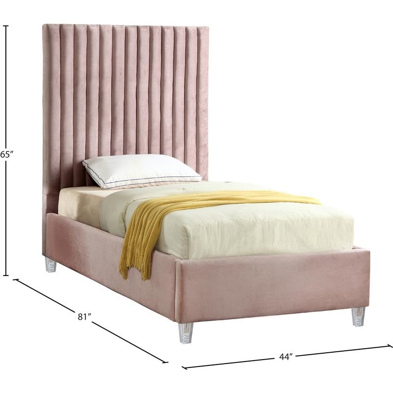 Meridian Furniture Candace Collection Modern | Contemporary Velvet Upholstered Bed with Deep Channel Tufting and Custom Acrylic Legs, Pink, Twin