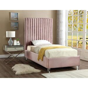 Meridian Furniture Candace Collection Modern | Contemporary Velvet Upholstered Bed with Deep Channel Tufting and Custom Acrylic Legs, Pink, Twin