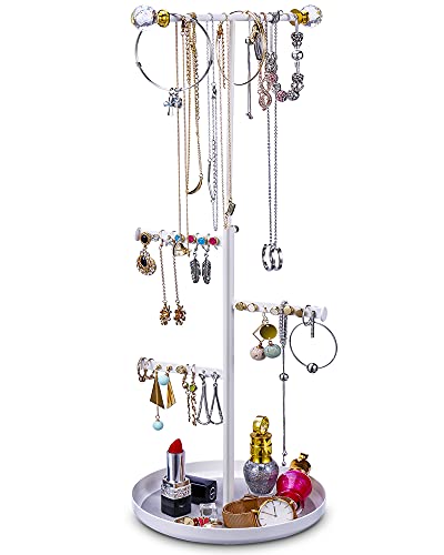 Keebofly Jewelry Tree Stand Organizer - Metal Necklace Organizer Display with Adjustable Height for Necklaces Bracelet Earrings and Ring White