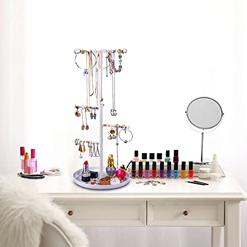 Keebofly Jewelry Tree Stand Organizer - Metal Necklace Organizer Display with Adjustable Height for Necklaces Bracelet Earrings and Ring White