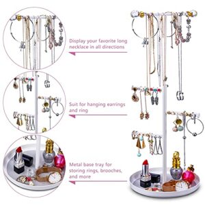 Keebofly Jewelry Tree Stand Organizer - Metal Necklace Organizer Display with Adjustable Height for Necklaces Bracelet Earrings and Ring White