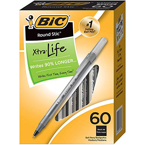 BIC BICGSM609BKBN Round Stic Xtra Life Ball Pen, Medium Point, Black, 60 Per Pack, 2 Packs