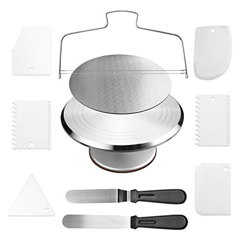 Miecux Cake Decorating Supplies Cake Stand Aluminium Revolving Cake Turntable - 12'' Rotating Cake Decorating Stand with 2 Angled Icing Spatulas and 6 Comb Icing Smoother, Cake Leveler,Cake Board