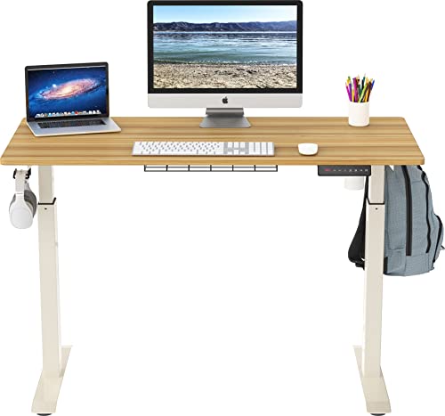 SHW Electric Height Adjustable Standing Desk with Hanging Hooks and Cable Management, 48 x 24 Inches, Oak