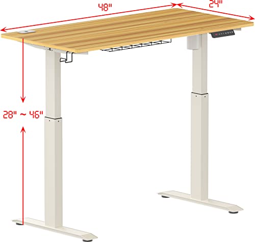 SHW Electric Height Adjustable Standing Desk with Hanging Hooks and Cable Management, 48 x 24 Inches, Oak