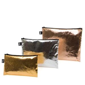 loqi metallic zip pockets, gold, silver, rose gold