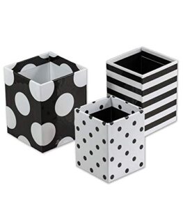 schoolgirl style simply stylish 3-piece polka dot pencil cup holder set, assorted black and white pencil cup holders, classroom supplies organizer for desk organization, black & white classroom décor