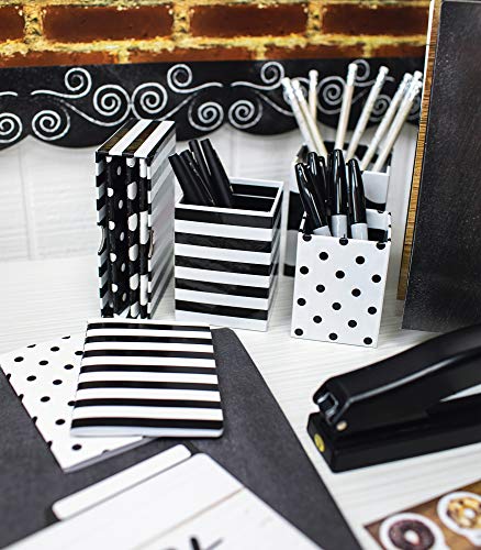 Schoolgirl Style Simply Stylish 3-Piece Polka Dot Pencil Cup Holder Set, Assorted Black and White Pencil Cup Holders, Classroom Supplies Organizer for Desk Organization, Black & White Classroom Décor