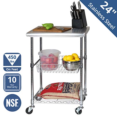 Seville Classics NSF Commercial Stainless Steel Top Work Table Island Utility Cart Prep Station, 78 for Restaurant, Kitchen, Warehouse, Garage, Hotel, Home, 55 Steel, 24" W x 20" D x 36" H