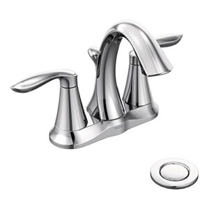 moen eva chrome two-handle centerset bathroom sink faucet with drain assembly for 3-hole installation setups, 6410