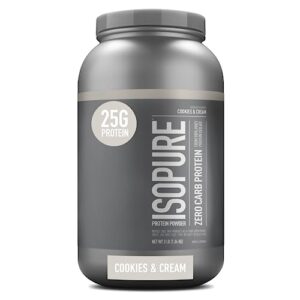 isopure protein powder, zero carb whey isolate with vitamin c & zinc for immune support, 25g protein, keto friendly, cookies & cream, 44 servings, 3 pounds (packaging may vary)