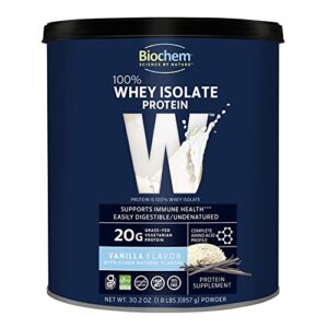 biochem 100% whey isolate protein - vanilla - 30.2 oz - 20g of protein - meal replacement -supports lean muscle - easily digestible - silky smooth taste - amino acids