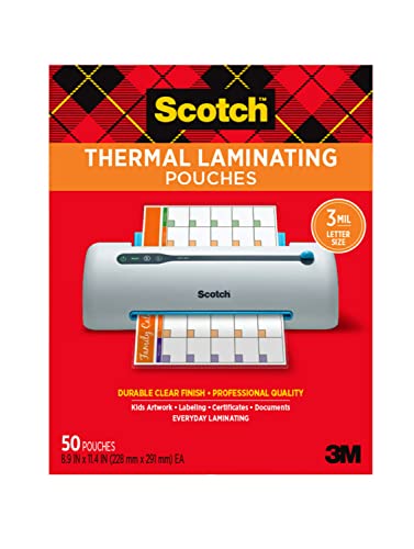 Scotch Thermal Laminating Pouches, 50 Pack Laminating Sheets, 3 Mil, 8.9 x 11.4 Inches, Education Supplies & Craft Supplies, For Use With Thermal Laminators, Letter Size Sheets (TP3854-50)