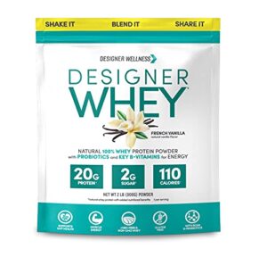 designer wellness, designer whey, natural protein powder with probiotics, fiber, and key b-vitamins for energy, gluten-free, french vanilla, 2 lb