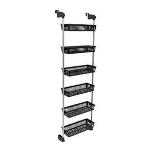 organize it all over the door storage unit with hooks | dimensions : 7.50 x 19.50 x 59.00 | 6 basket | hanging storage | great for kitchen | bathroom | bedroom | space saver | black