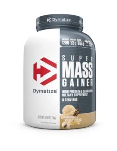 dymatize super mass gainer protein powder, 1280 calories & 52g protein, gain strength & size quickly, 10.7g bcaas, mixes easily, tastes delicious, gourmet vanilla, 6 pound (pack of 1)