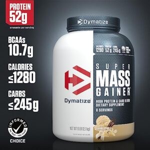 Dymatize Super Mass Gainer Protein Powder, 1280 Calories & 52g Protein, Gain Strength & Size Quickly, 10.7g BCAAs, Mixes Easily, Tastes Delicious, Gourmet Vanilla, 6 Pound (Pack of 1)