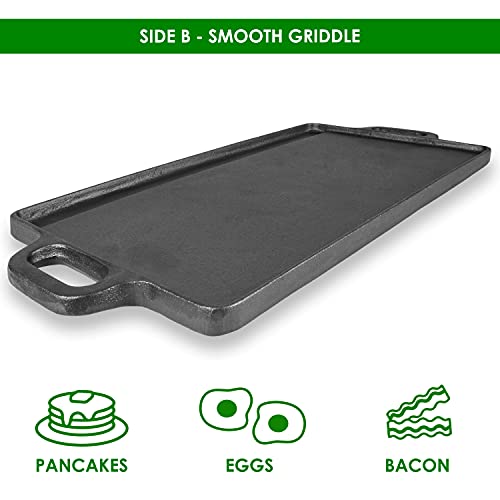 ProSource 2-in-1 Reversible 19.5” x 9” Cast Iron Griddle with Handles, Preseasoned & Non-Stick for Gas Stovetop, Oven, and Open Fire