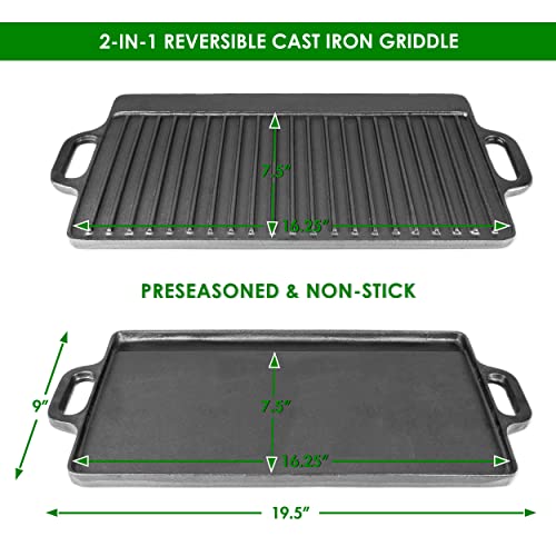 ProSource 2-in-1 Reversible 19.5” x 9” Cast Iron Griddle with Handles, Preseasoned & Non-Stick for Gas Stovetop, Oven, and Open Fire