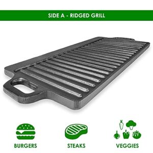 ProSource 2-in-1 Reversible 19.5” x 9” Cast Iron Griddle with Handles, Preseasoned & Non-Stick for Gas Stovetop, Oven, and Open Fire