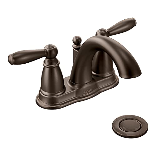 Moen Brantford Oil Rubbed Bronze Two-Handle Low Arc Centerset Bathroom Faucet with Drain Assembly, Bathroom Faucets for Sink 3-hole, 4-inch Wide Standard Setup, 6610ORB, 0.5