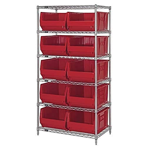 Quantum Storage Systems WR6-974RD 6-Tier Complete Wire Shelving System with 10 QUS974 Red Hulk Bins, Chrome Finish, 30" Width x 36" Length x 74" Height