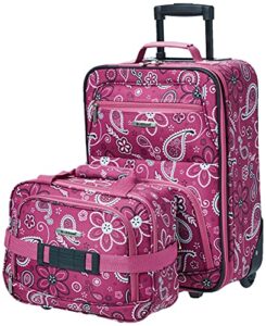 rockland fashion softside upright luggage set, expandable, wheel, telescopic handle, pink bandana, 2-piece (14/19)