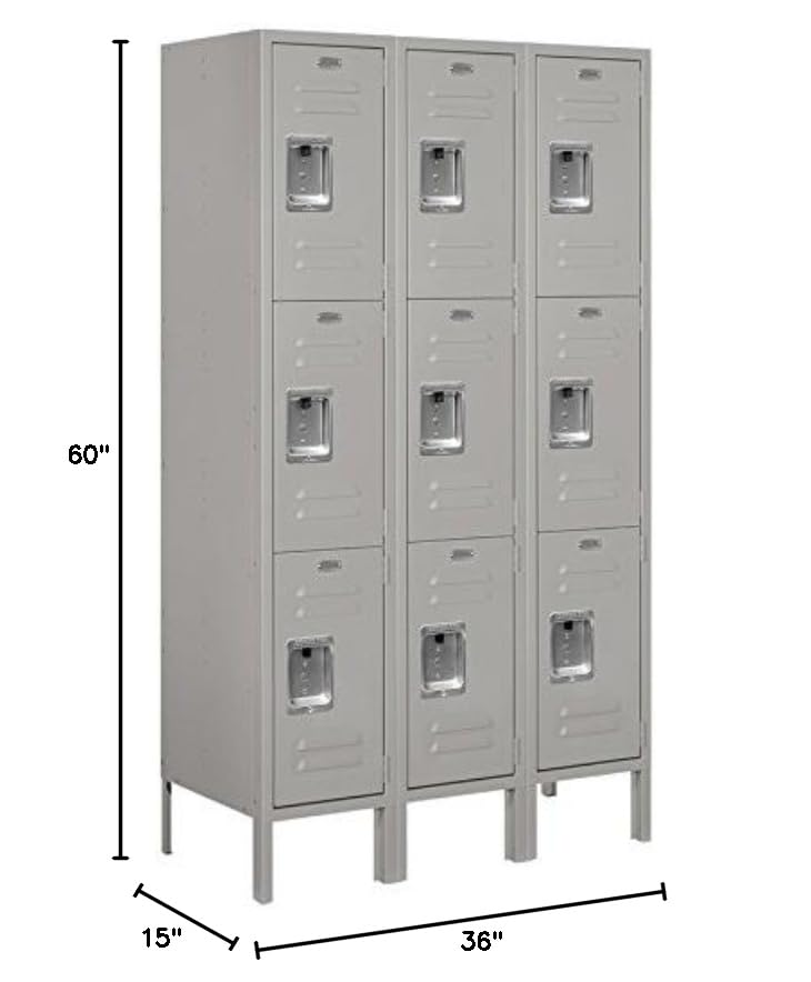 Standard Metal Locker Triple Tier 3 Feet Wide 5 Feet High 15 Inches Deep Unassembled, Gray