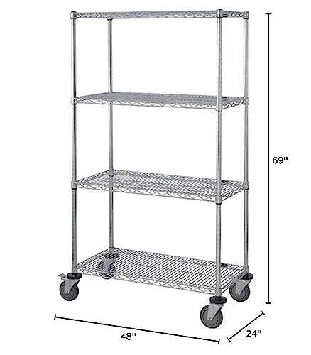 Quantum Storage Systems M2448C46 4-Tier Wire Shelving Mobile Cart with 5" Stem Casters, 4 Wire Shelves, Chrome Finish, 69" Height x 48" Width x 24" Depth