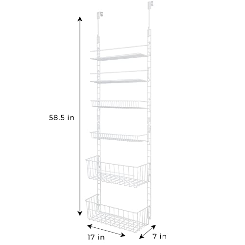 Smart Design Over The Door Adjustable Pantry Organizer Rack w/ 6 Adjustable Shelves - Steel Metal - Hanging - Wall Mount - Cans, Spice, Storage, Closet - Kitchen [White]