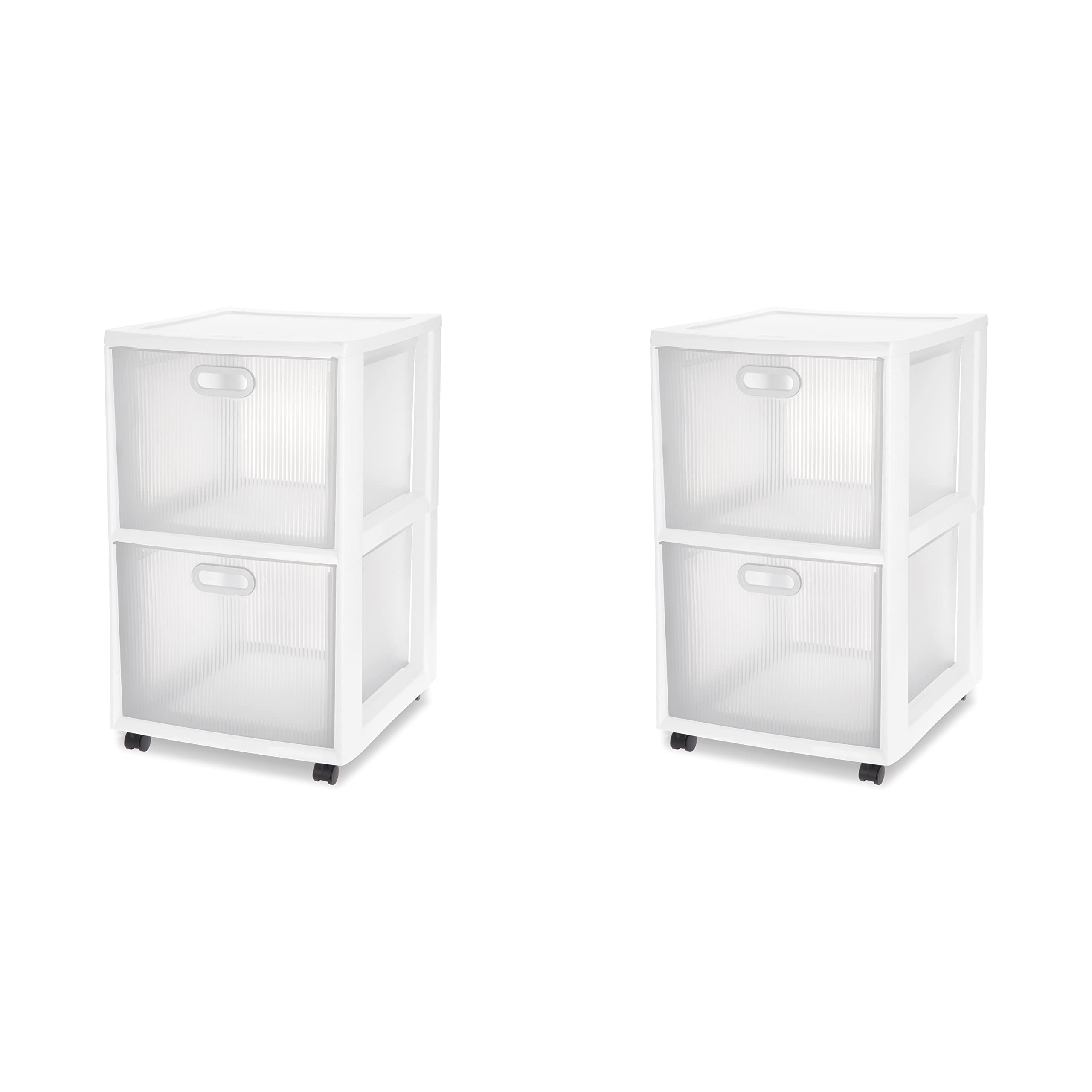 Sterilite 36208002 Ultra 2 Drawer Cart, White Frame & Clear Textured Drawers w/ Handles & Black Casters, 2-Pack