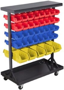 mobile double-sided floor rack 36 x 12 x 45 with 74 bins and non-marking swivel casters