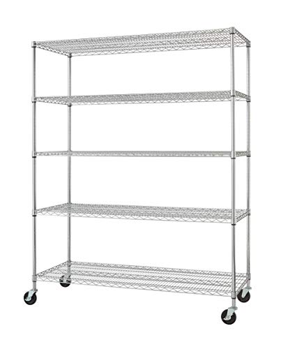 TRINITY EcoStorage Heavy Duty 5-Tier Adjustable Wire Shelving with Wheels for Kitchen Organization, Garage Storage, Laundry Room, NSF Certified, 800 to 4000 Pound Capacity, Chrome, 60 by 24 by 72-Inch