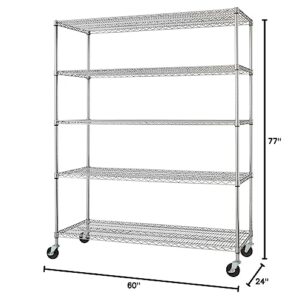 TRINITY EcoStorage Heavy Duty 5-Tier Adjustable Wire Shelving with Wheels for Kitchen Organization, Garage Storage, Laundry Room, NSF Certified, 800 to 4000 Pound Capacity, Chrome, 60 by 24 by 72-Inch