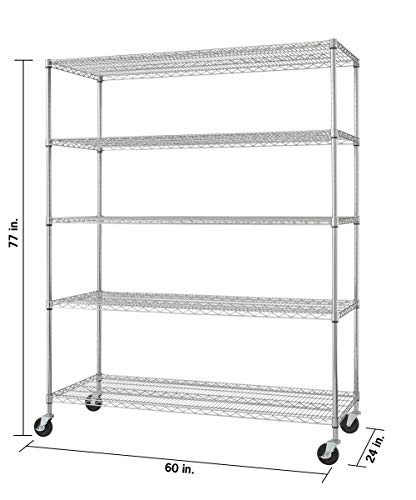 TRINITY EcoStorage Heavy Duty 5-Tier Adjustable Wire Shelving with Wheels for Kitchen Organization, Garage Storage, Laundry Room, NSF Certified, 800 to 4000 Pound Capacity, Chrome, 60 by 24 by 72-Inch