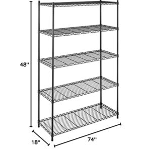 Whitmor Supreme Tier Shelving 5 Adjustable Shelving-500 Pound Weight Capacity Per Shelf-Leveling Feet, 18" x 48" x 74", Black