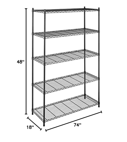 Whitmor Supreme Tier Shelving 5 Adjustable Shelving-500 Pound Weight Capacity Per Shelf-Leveling Feet, 18" x 48" x 74", Black