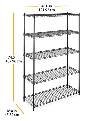 Whitmor Supreme Tier Shelving 5 Adjustable Shelving-500 Pound Weight Capacity Per Shelf-Leveling Feet, 18" x 48" x 74", Black