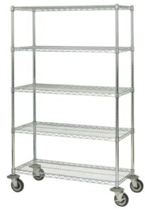 omega precision - 18" deep x 24" wide x 60" high chrome wire 800lb capacity 5 shelf truck qty(5) 18" deep x 24" wide chrome wire shelves qty(4) 54" high posts qty(4) 5" rubber casters (2 w/brake)