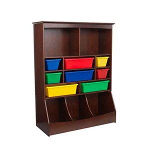 kidkraft wooden wall storage unit with 8 plastic bins and 13 compartments, espresso, gift for ages 3+