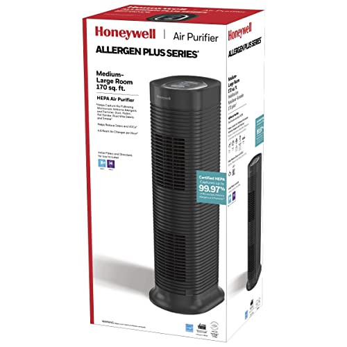 Honeywell AllergenPlus HEPA Tower Air Purifier, Allergen Reducer for Medium-Large Rooms (170 sq ft), Black - Wildfire/Smoke, Pollen, Pet Dander, and Dust Air Purifier, HPA160