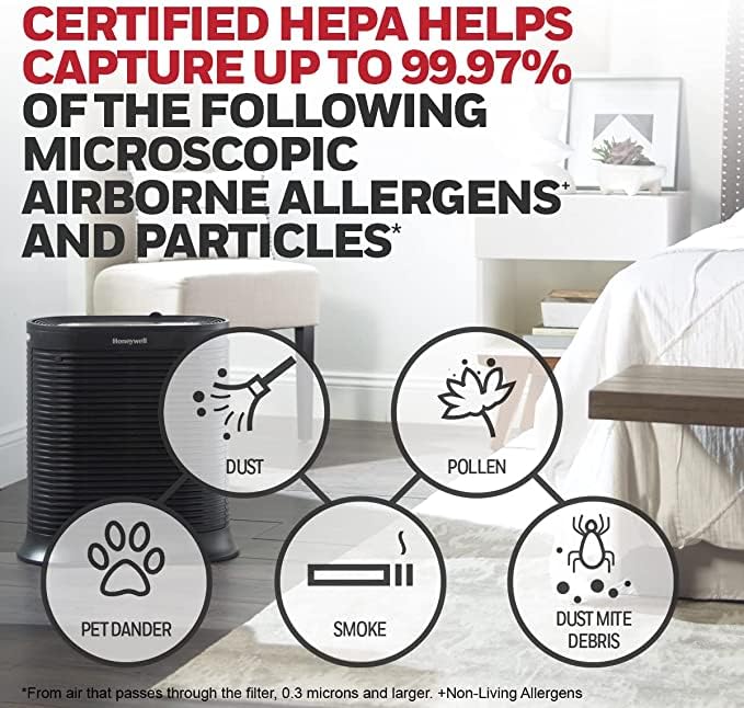 Honeywell HPA200 HEPA Air Purifier for Large Rooms - Microscopic Airborne Allergen+ Reducer, Cleans Up To 1500 Sq Ft in 1 Hour - Wildfire/Smoke, Pollen, Pet Dander, and Dust Air Purifier – Black