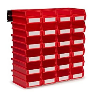 Triton Products 3-220RWS LocBin 26 Piece Wall Storage Unit with 7-3/8 Inch L x 4-1/8 Inch W x 3 Inch H Red Interlocking Poly Bins, 24 CT, Wall Mount Rails 8-3/4 Inch L with Hardware, 2 pk , Blue