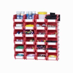 Triton Products 3-220RWS LocBin 26 Piece Wall Storage Unit with 7-3/8 Inch L x 4-1/8 Inch W x 3 Inch H Red Interlocking Poly Bins, 24 CT, Wall Mount Rails 8-3/4 Inch L with Hardware, 2 pk , Blue