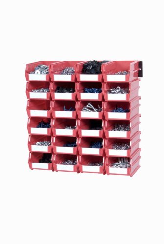 Triton Products 3-220RWS LocBin 26 Piece Wall Storage Unit with 7-3/8 Inch L x 4-1/8 Inch W x 3 Inch H Red Interlocking Poly Bins, 24 CT, Wall Mount Rails 8-3/4 Inch L with Hardware, 2 pk , Blue