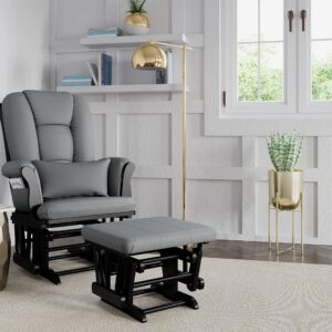 Storkcraft Tuscany Custom Glider and Ottoman with Free Lumbar Pillow, Black/Grey, Cleanable Upholstered Comfort Rocking Nursery Chair with Ottoman, Metal