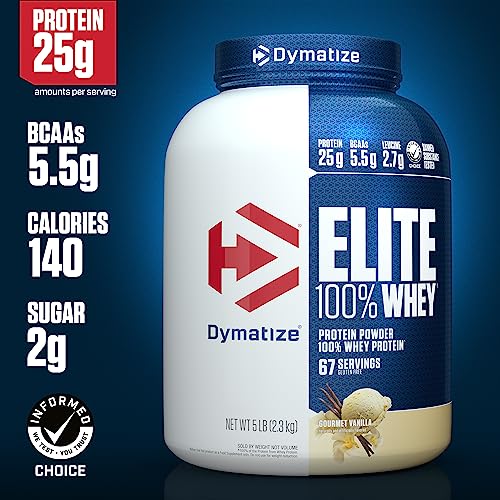 Dymatize Elite 100% Whey Protein Powder, 25g Protein, 5.5g BCAAs & 2.7g L-Leucine, Quick Absorbing & Fast Digesting for Optimal Muscle Recovery, Gourmet, 5 Pound Vanilla 80 Ounce