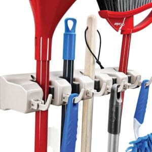 home it mop and broom holder - garage storage systems with 5 slots, 6 hooks, 7.5lbs capacity per slot - garden tool organizer for 11 tools - for home, kitchen, closet, garage, laundry room - off-white