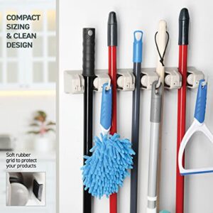 HOME IT Mop And Broom Holder - Garage Storage Systems with 5 Slots, 6 Hooks, 7.5lbs Capacity Per Slot - Garden Tool Organizer For 11 Tools - For Home, Kitchen, Closet, Garage, Laundry Room - Off-White