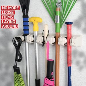 HOME IT Mop And Broom Holder - Garage Storage Systems with 5 Slots, 6 Hooks, 7.5lbs Capacity Per Slot - Garden Tool Organizer For 11 Tools - For Home, Kitchen, Closet, Garage, Laundry Room - Off-White